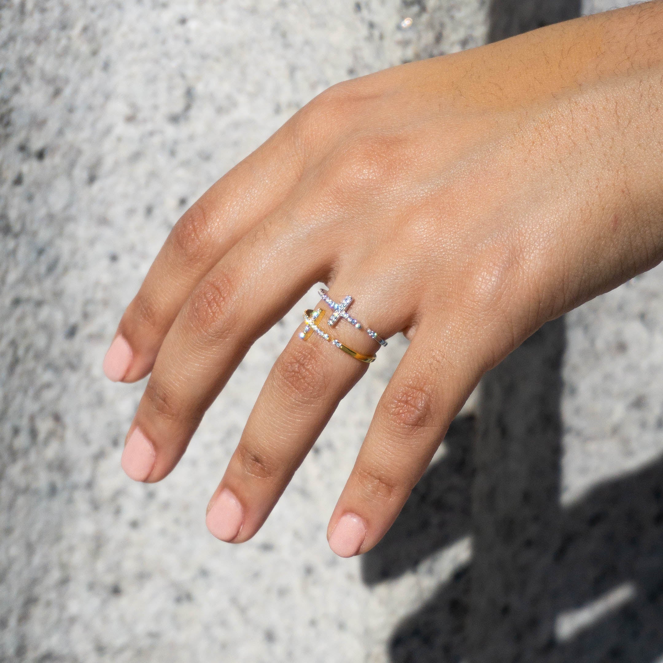 Cubic Zirconia Sideways Cross Ring in Gold Over Sterling Silver Gold